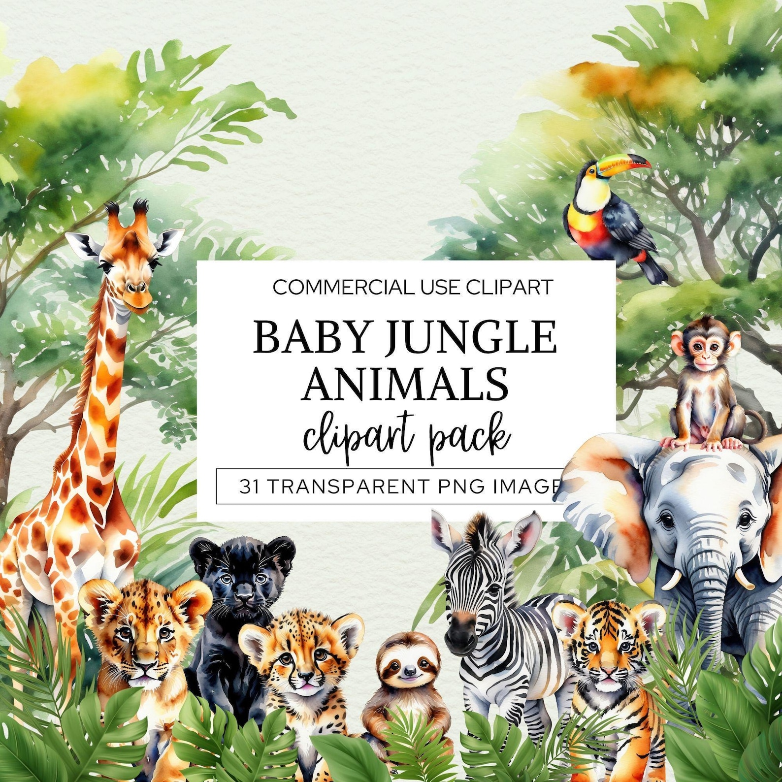 Baby Jungle Animals Watercolor Clipart, Cute Safari Animal ...