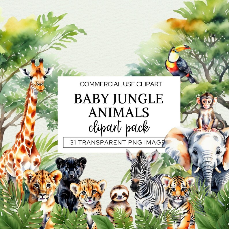 Baby Jungle Animals Watercolor Clipart, Cute Safari Animal ...