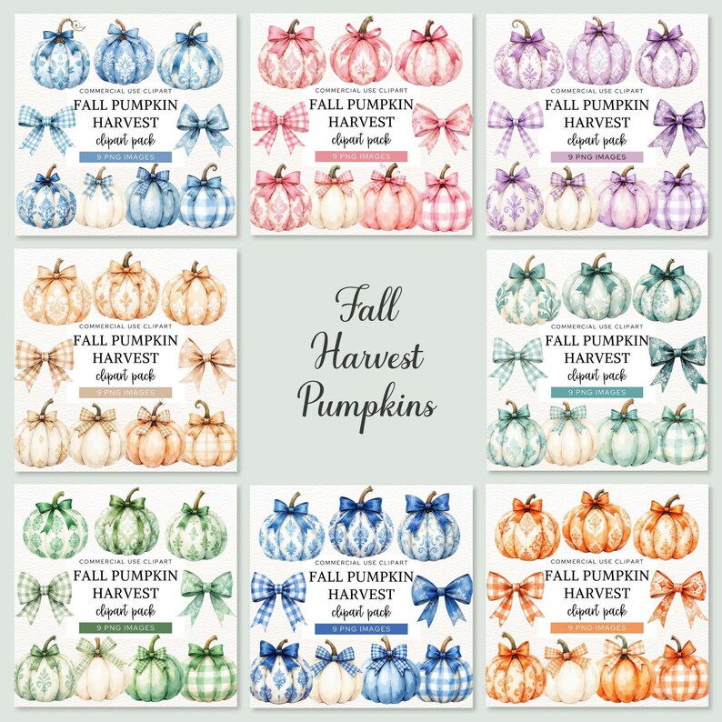 Fall Clipart Bundle Creator Pack, Colorful Pumpkins and Bows Graphics ...