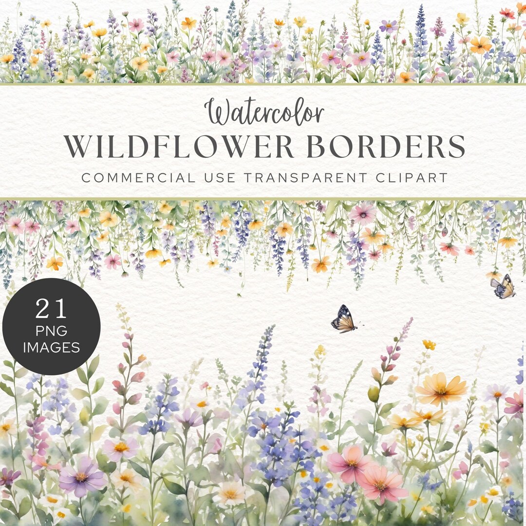 Wildflower Borders Clipart, Watercolor Floral PNG, Wild Flower Borders ...