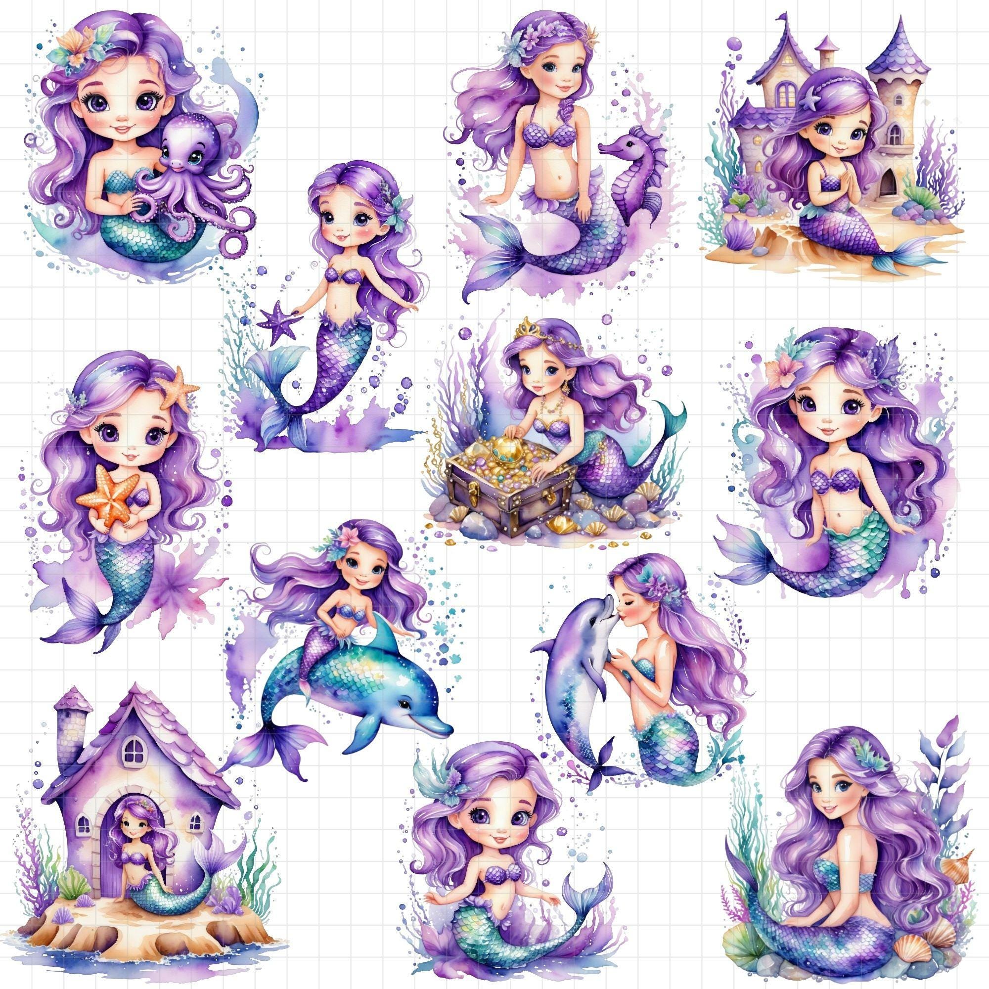 Watercolor Purple Mermaid Clipart, Cute Sea Animals, Under the Sea ...