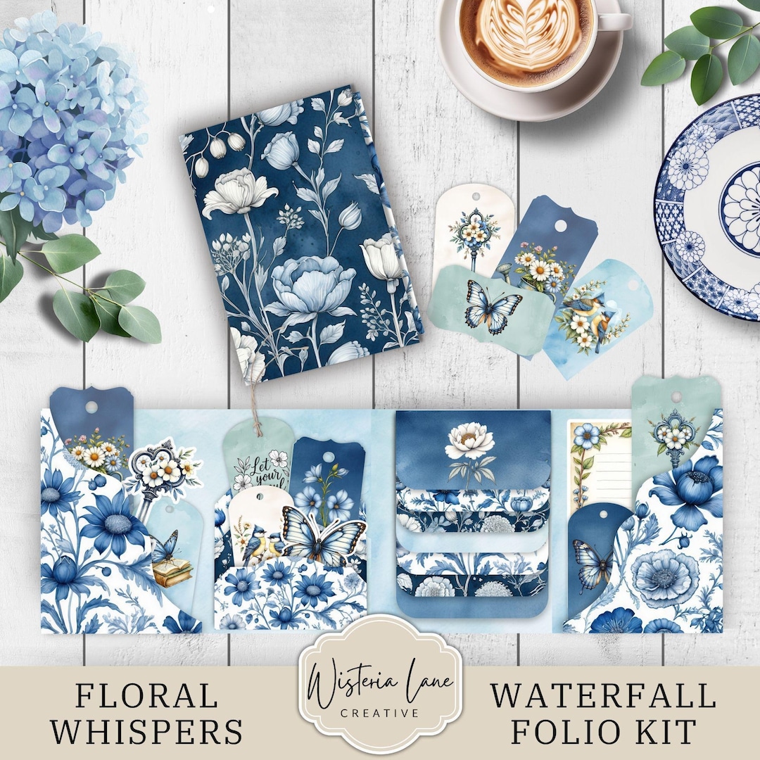 Blue Floral Waterfall Folio Kit, Vintage Botanical Junk Journal ...