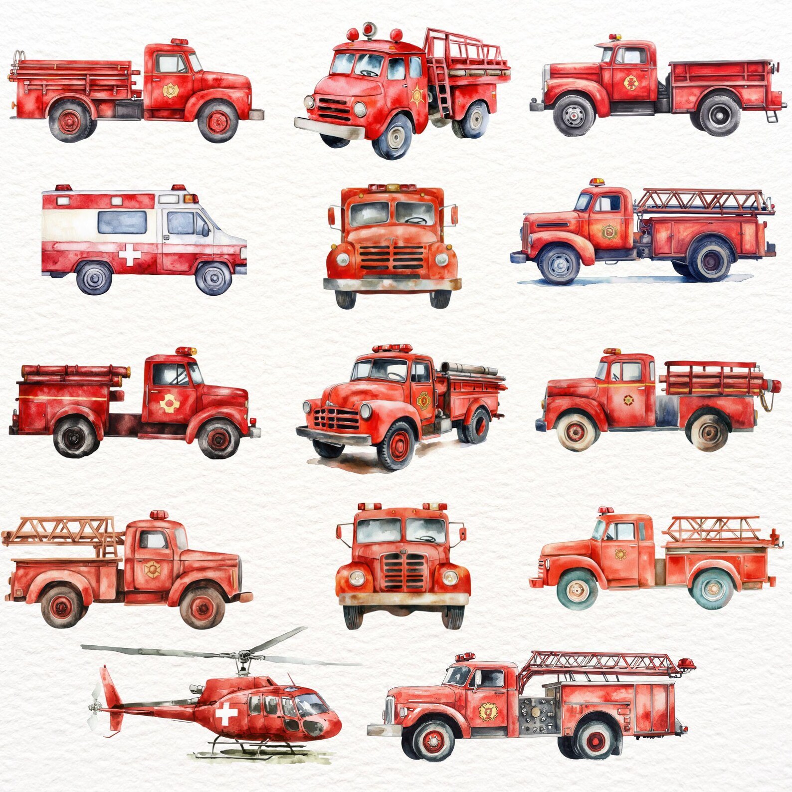 Cute Fire Fighters Clipart Bundle, Watercolor Fire Truck Clip Art, Fire ...