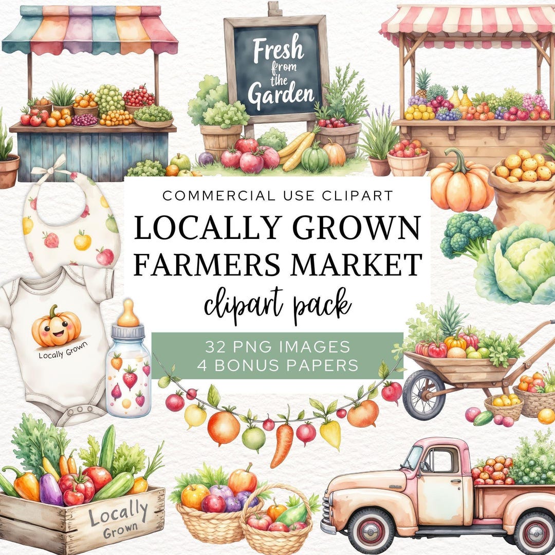 Farmers Market Clipart, Watercolor Vegetable & Fruit PNG, Digital ...