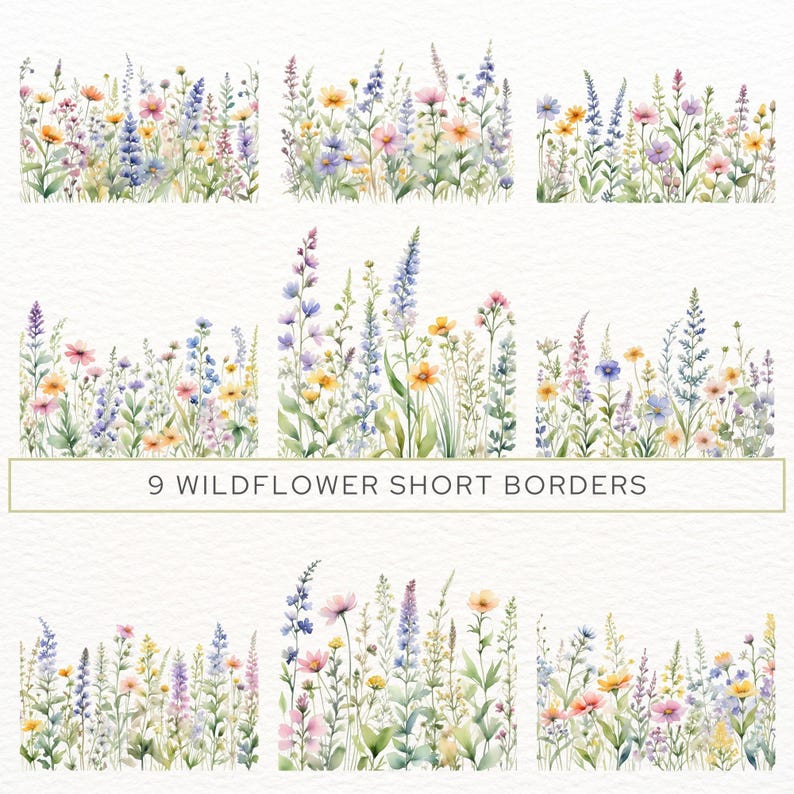 Wildflower Borders Clipart, Watercolor Floral PNG, Wild Flower Borders ...