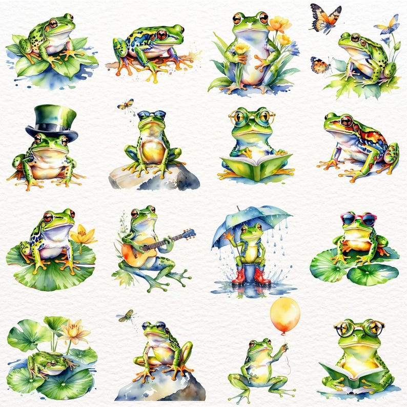 Watercolor Frogs Clipart, Cute Green Frog PNG, Funny Toads Clipart ...