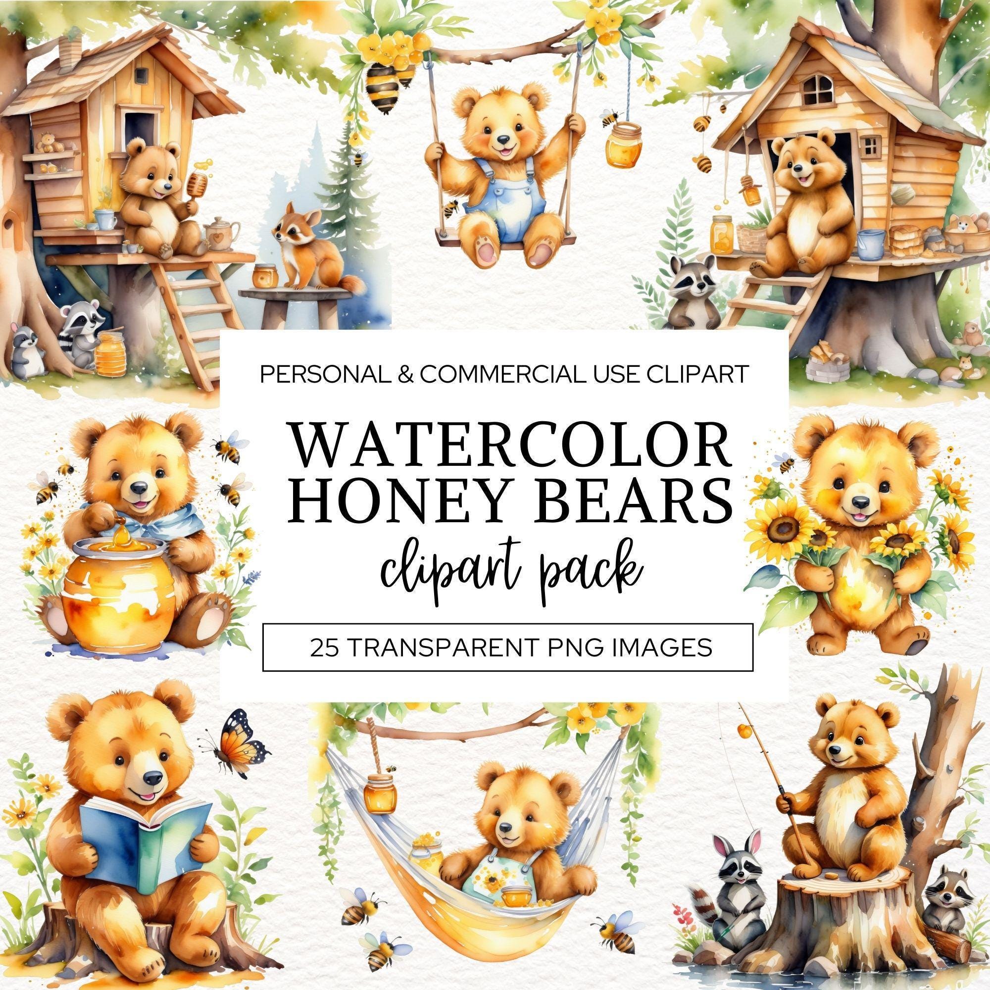 Cute Watercolor Honey Bears Clipart, Nursery Decor, Kids Birthday, Baby ...