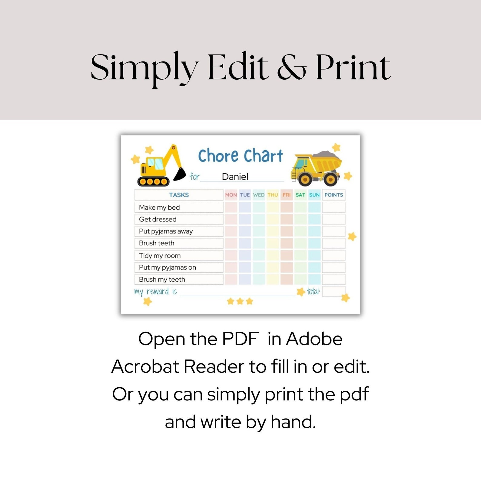 Editable Kids Trucks Printable Chore Chart , Childs Simple Chore List ...