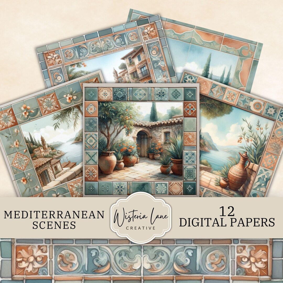 Mediterranean Tile Digital Papers, Watercolor Rustic Tiles, Tuscan ...