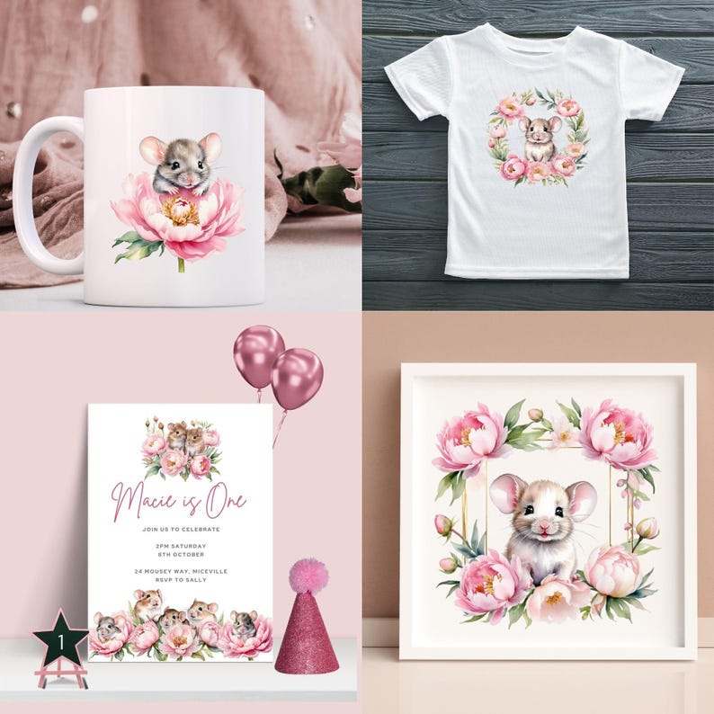 Watercolor Peony Mouse Clipart, Nursery Decor, Cute Mouse, Kids Room ...