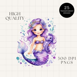 Watercolor Purple Mermaid Clipart, Cute Sea Animals, Under the Sea ...