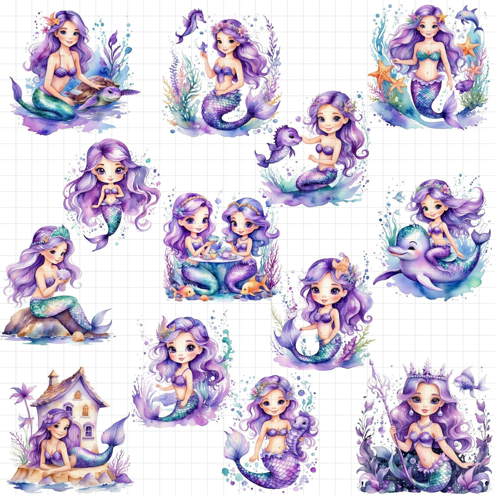 Watercolor Purple Mermaid Clipart, Cute Sea Animals, Under the Sea ...