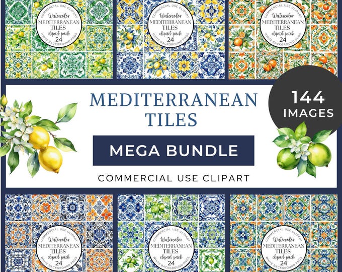Mediterranean Tiles Clipart Mega Bundle, Watercolor Lemons, Portuguese ...