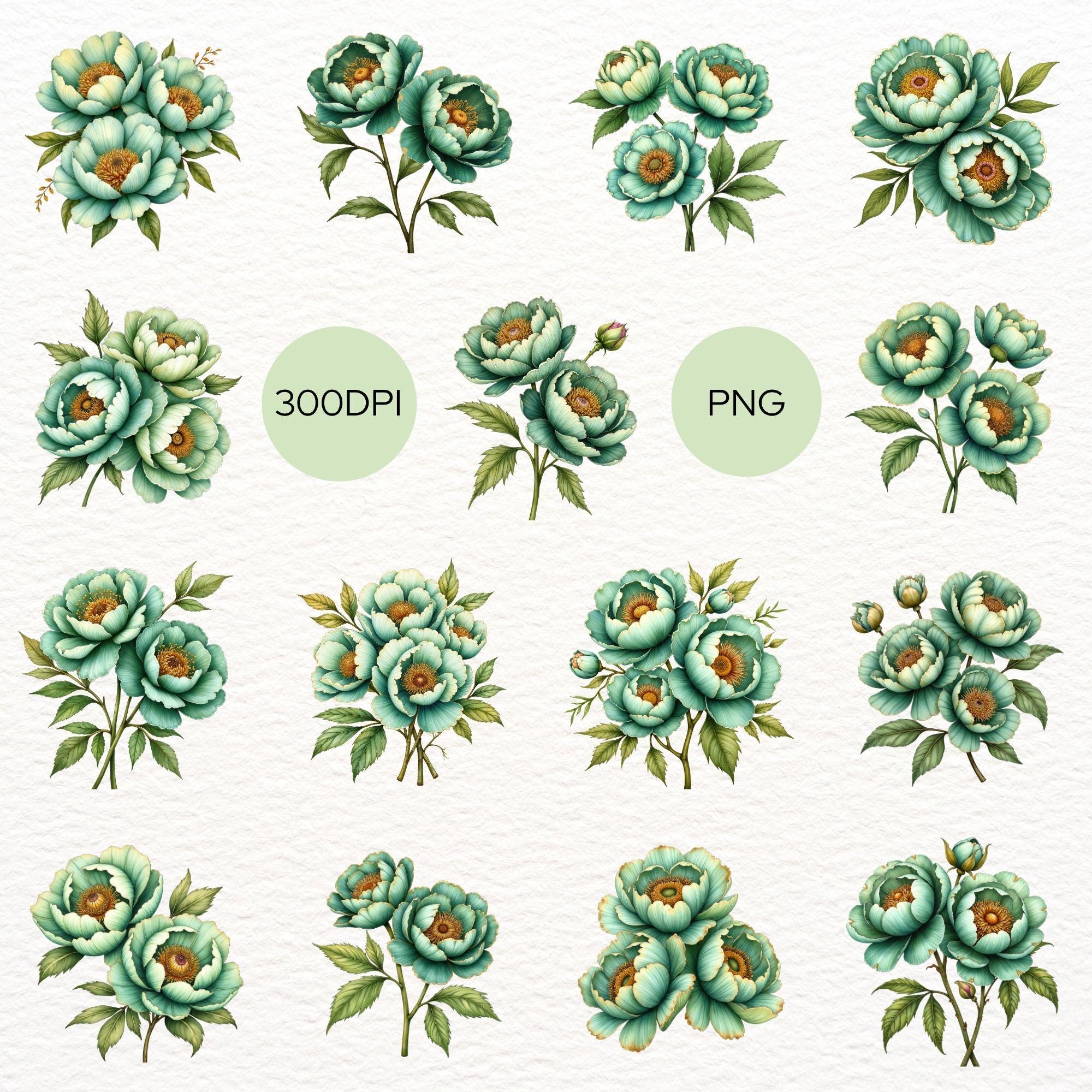 Teal and Gold Floral Clipart, Watercolor Peonies Clip Art, Emerald and ...