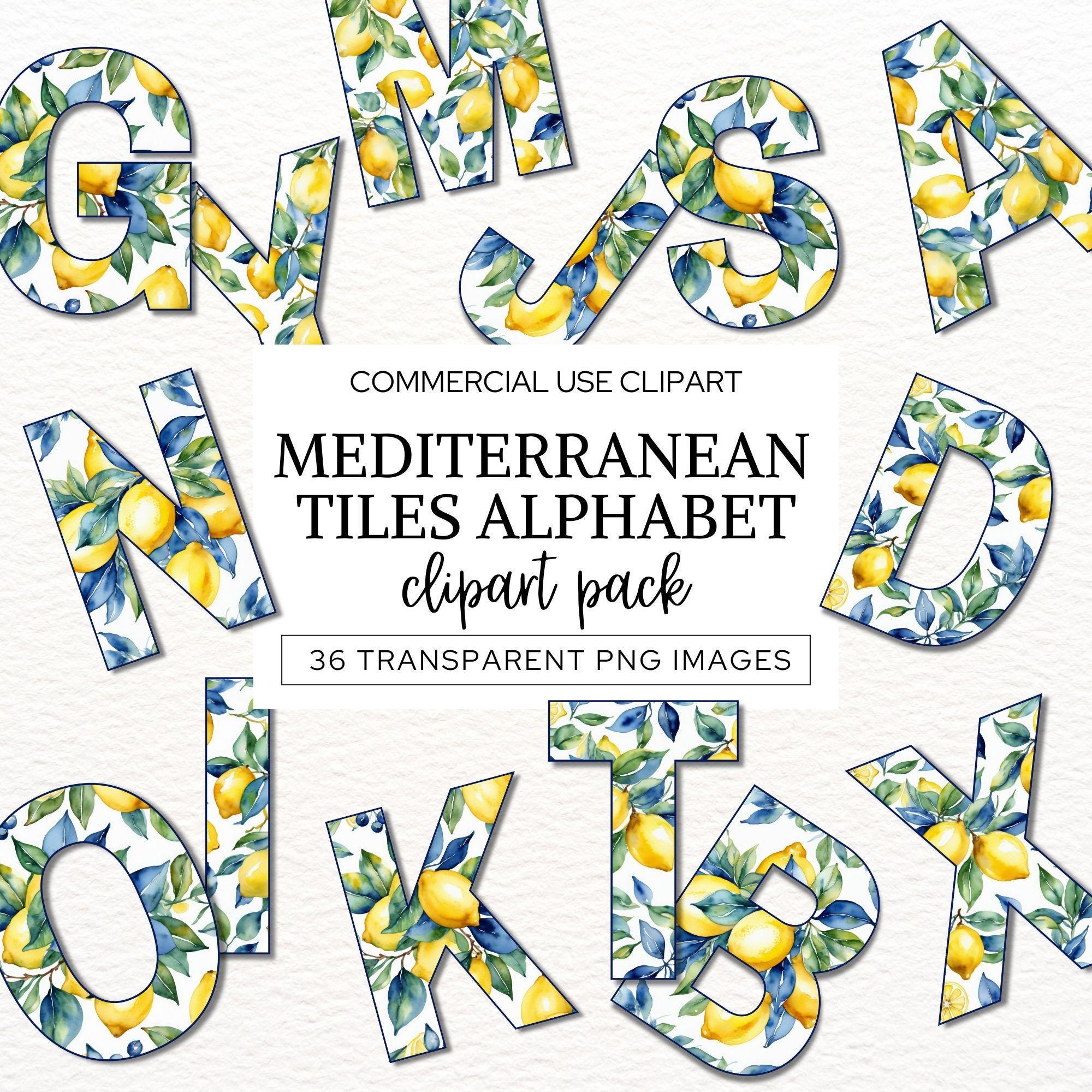 Mediterranean Lemons Alphabet Clipart, Watercolor Blue and Yellow ...