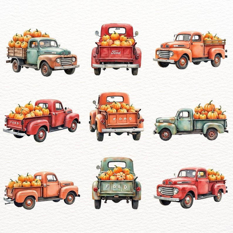 Pumpkin Truck Clipart, Fall Harvest Truck Art, Rustic Farm Truck Clip ...