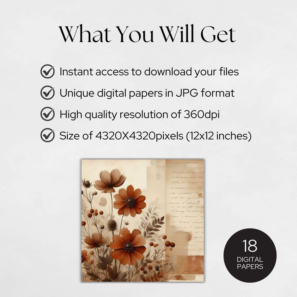 Burnt Orange Floral Digital Papers, Vintage Terracotta Flower Digital ...
