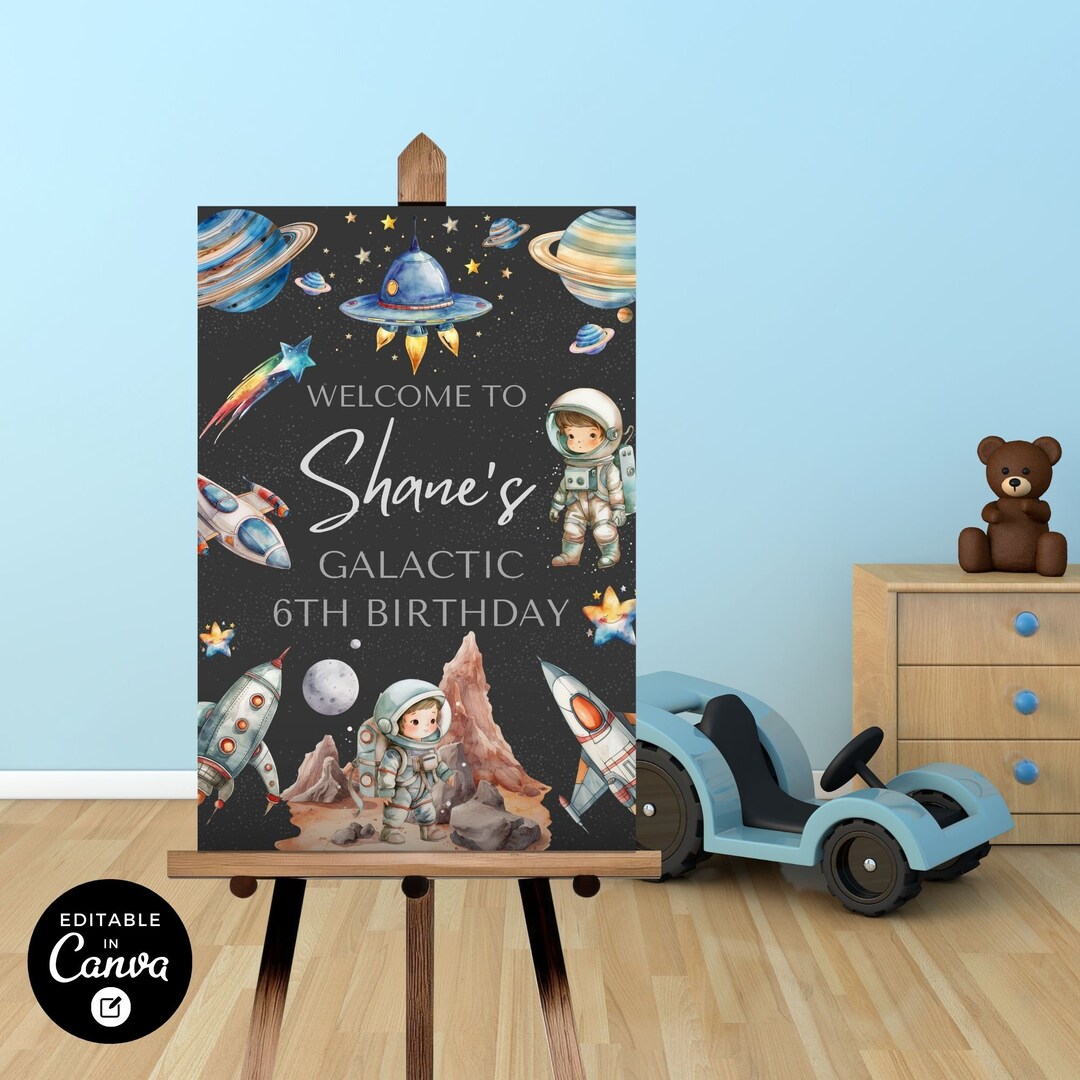 Galaxy 6th Birthday Party Welcome Sign, Space Rocket Printable Sign ...
