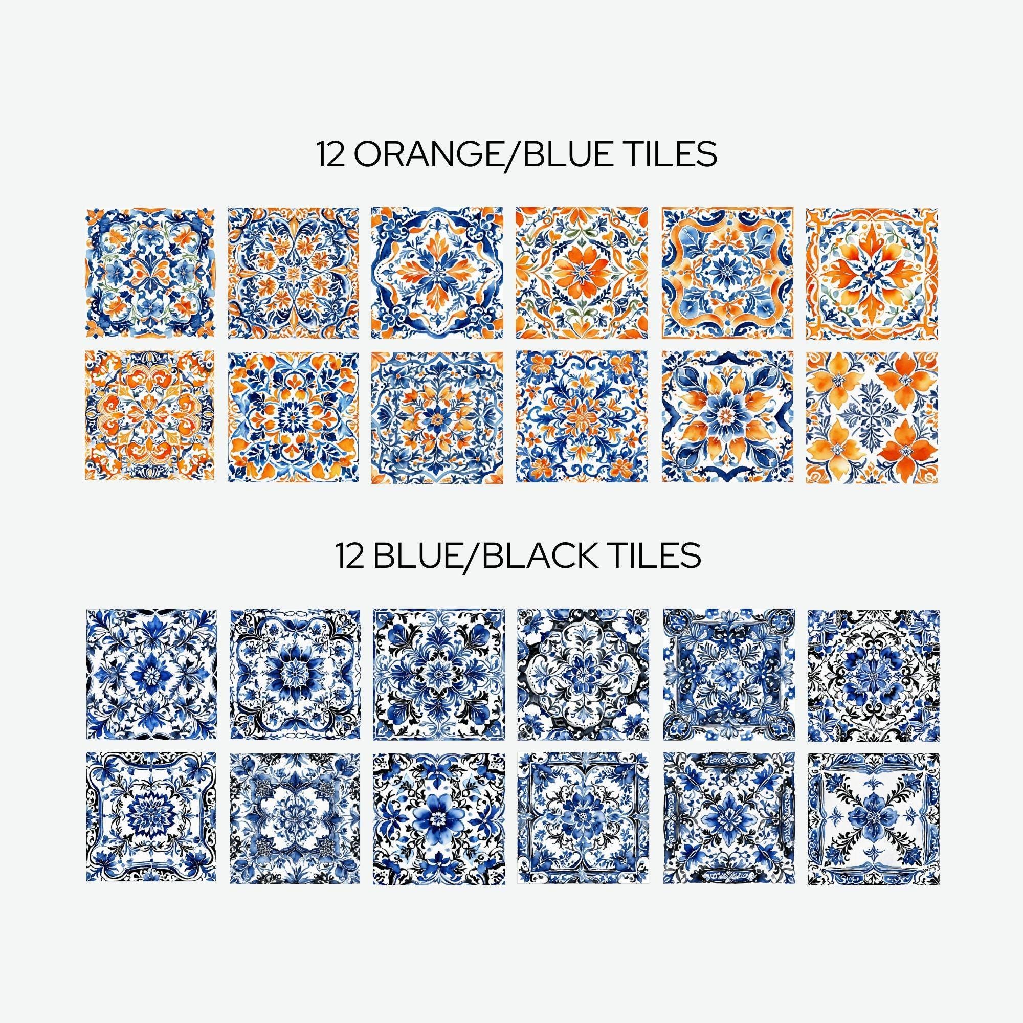 Mediterranean Tiles Clipart, Watercolor Moroccan Blue & Orange ...