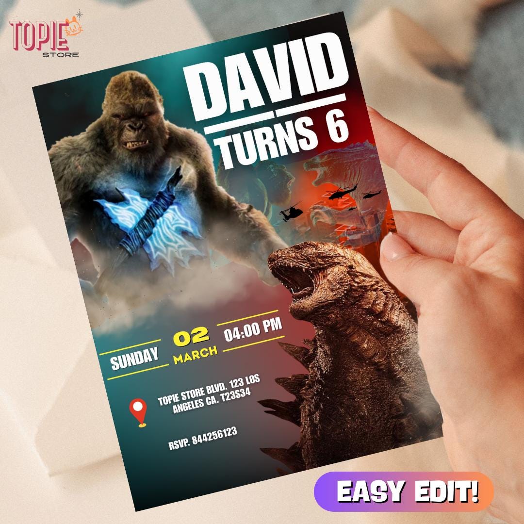 Godzilla Vs King Kong Birthday Invitation | Monster Battle Party Invite ...