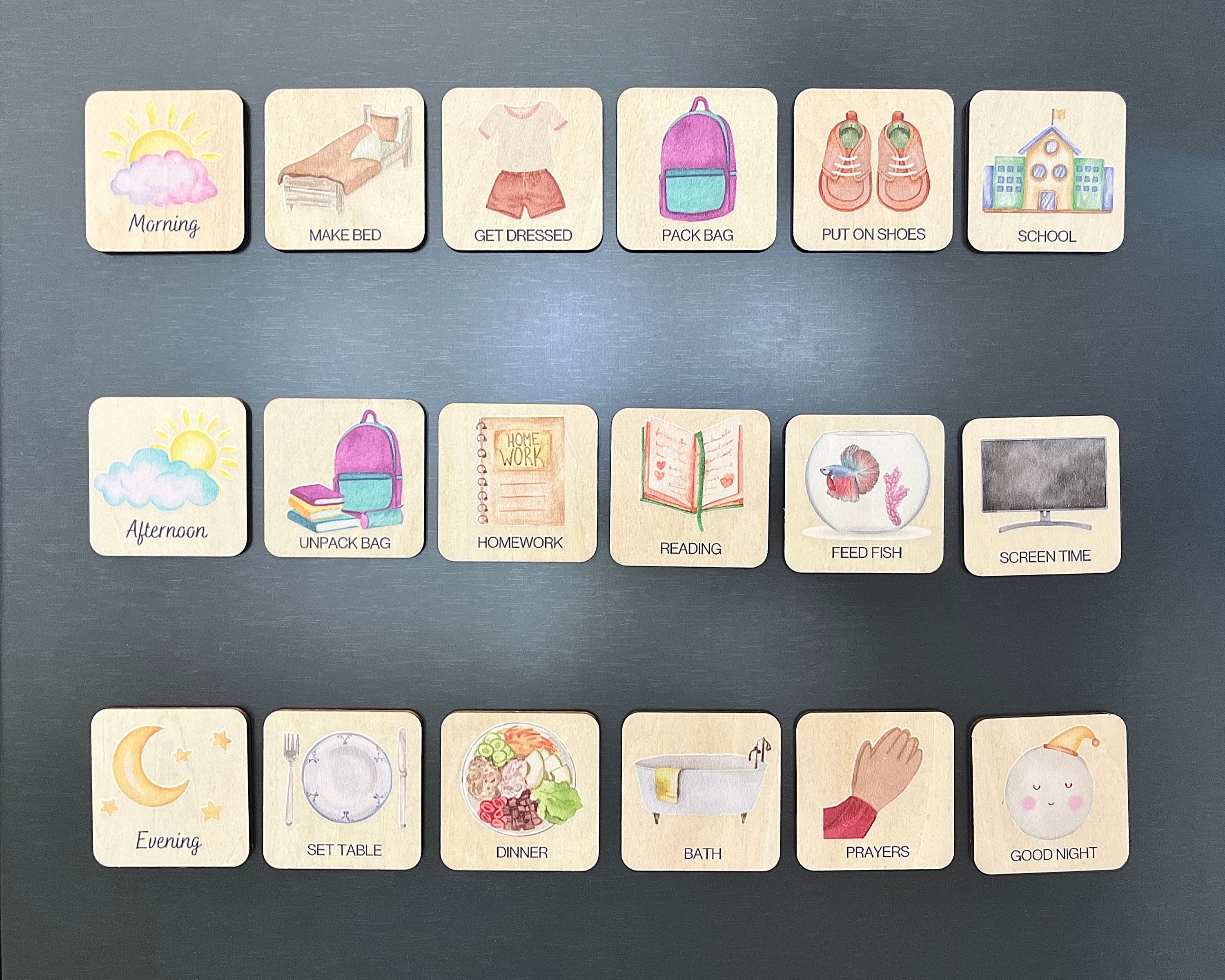 Wooden Daily Routine Chart With Visual Tiles, Picture Cards for Kids ...