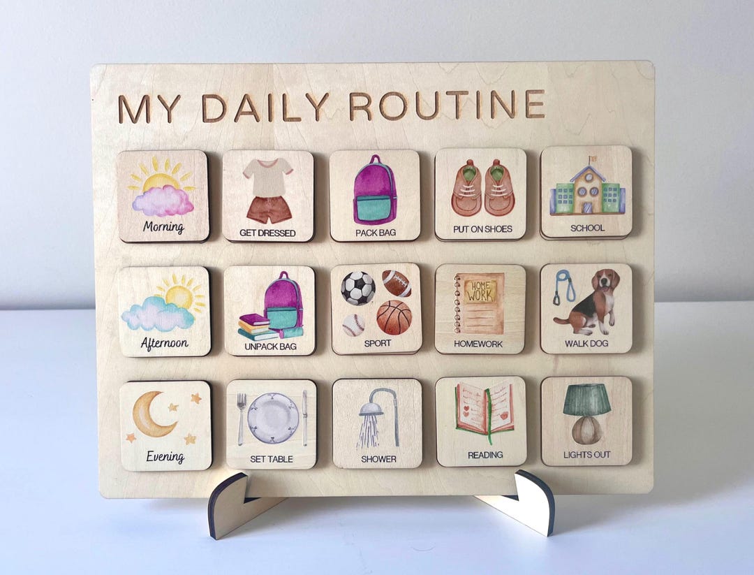 Wooden Daily Routine Chart With Visual Tiles, Picture Cards for Kids ...