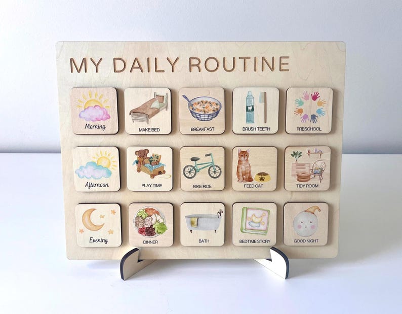 Wooden Kids Daily Routine Chart: Visual Schedule With Magnetic Picture ...