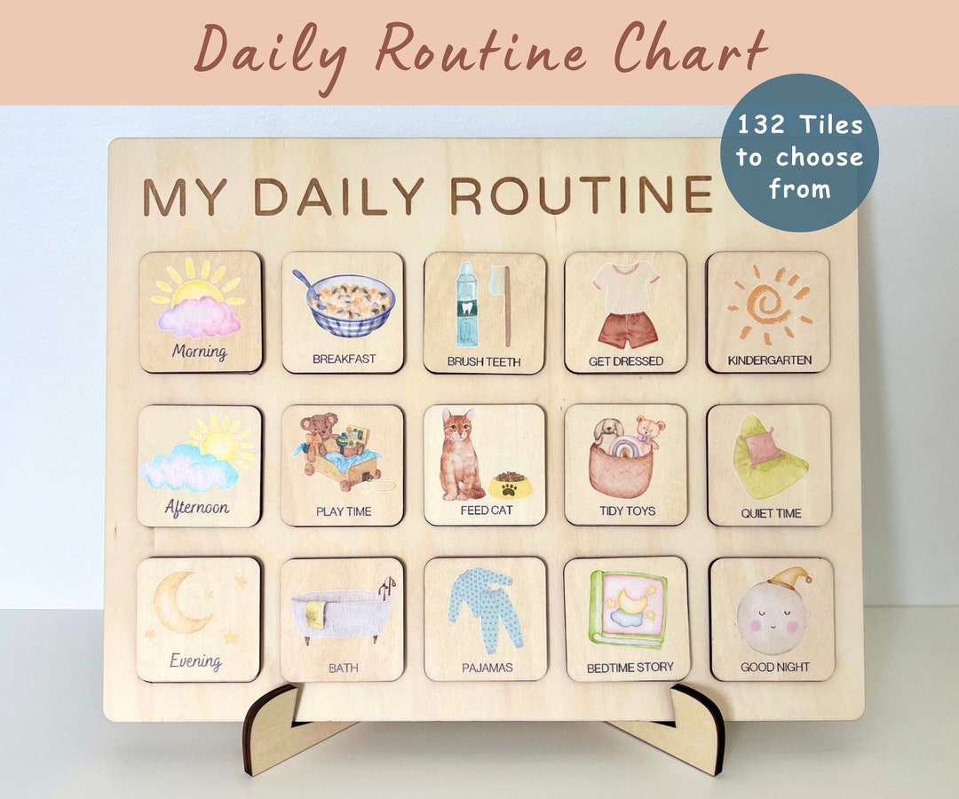 Wooden Daily Routine Chart With Visual Tiles, Picture Cards for Kids ...