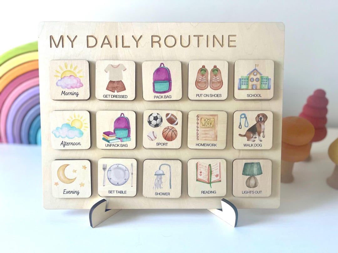 Wooden Daily Routine Chart With Visual Tiles, Picture Cards for Kids ...
