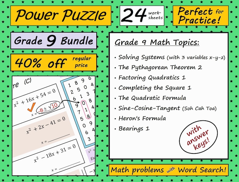 Grade 9 Math Worksheets (set of 24) - Etsy