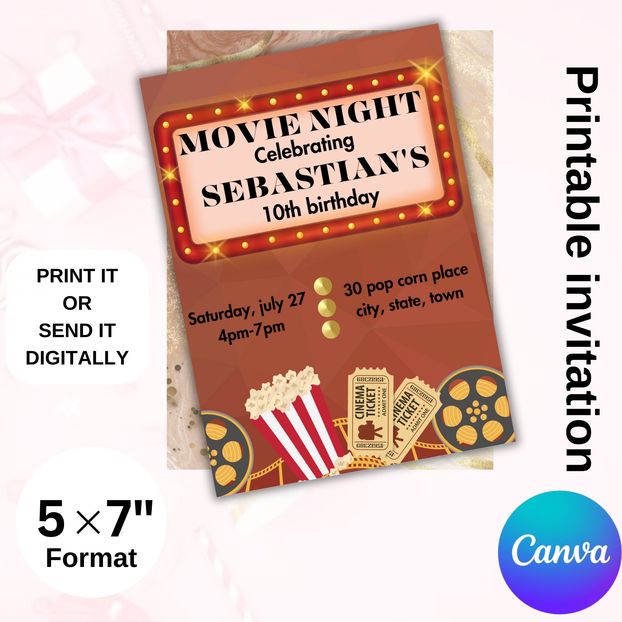 Movie Birthday Invitation, Film Theme Party Invite, Hollywood Birthday ...