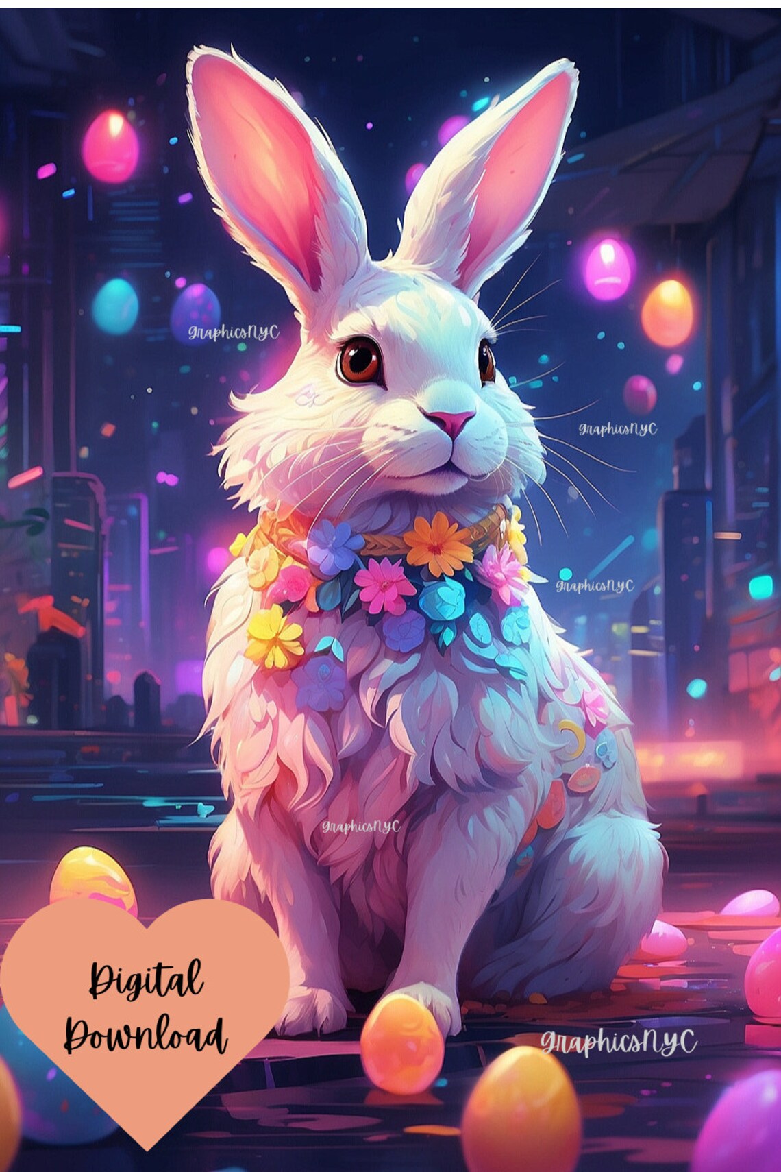 Whimsical Cute Art Rabbit in Anime Style Flowers Nursery Art Printable ...