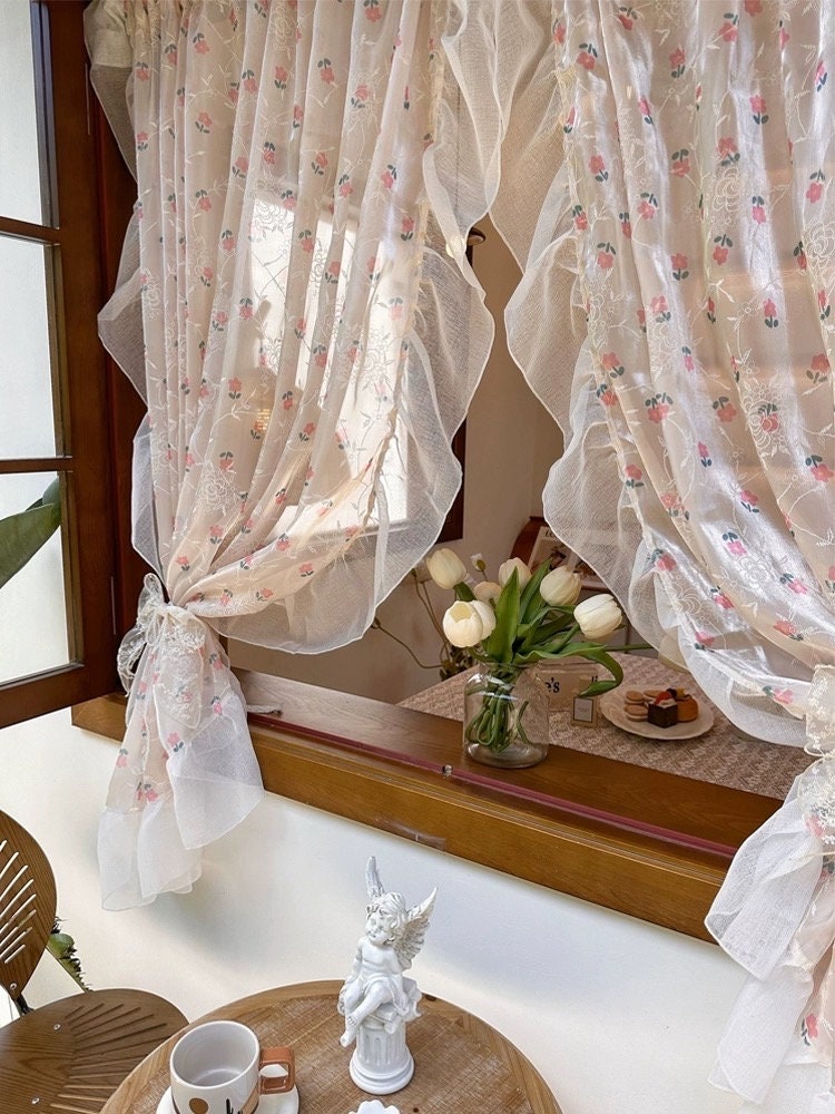 Floral Sheer Curtain, Ruffle Flower Coquette Window Decor Cafe, Living ...