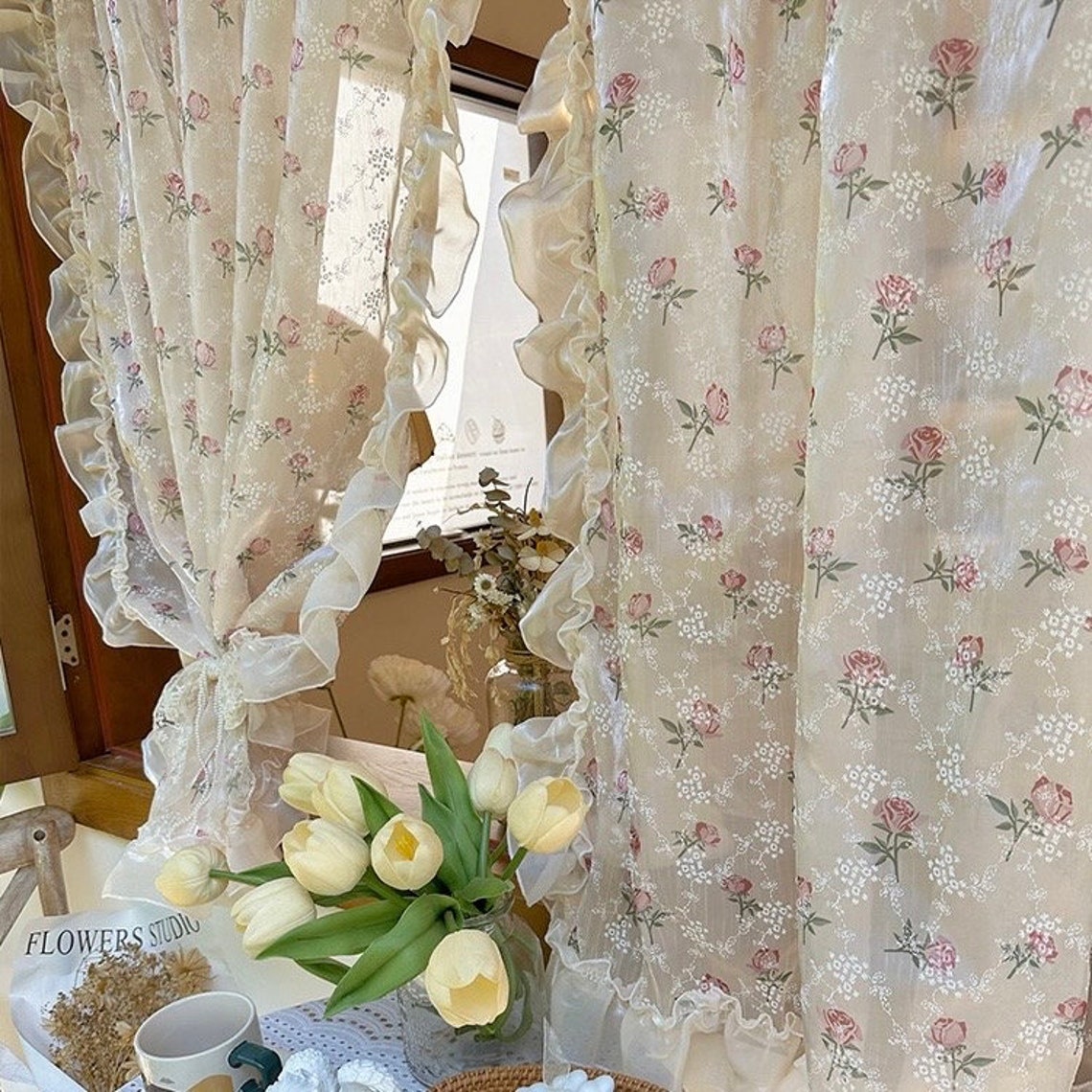 Rose Floral Printed Sheer Curtain, Ruffle Lace Rose Window Decor ...