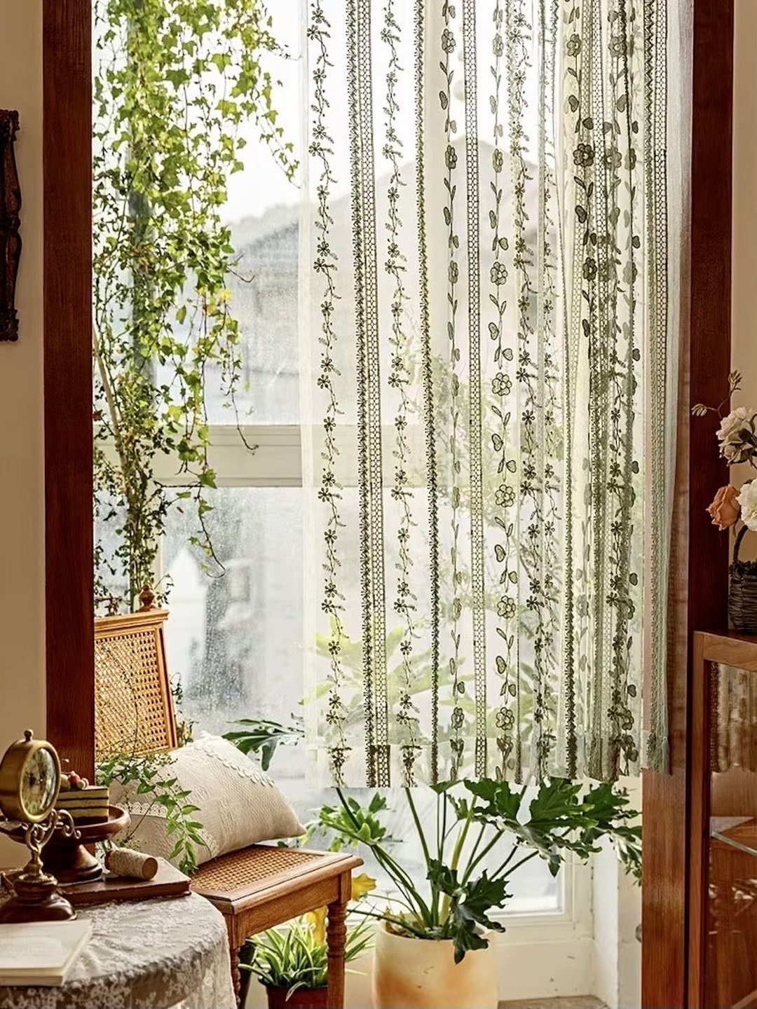 Green Lace Embroidered Curtain, Green Floral Lace One Panel Window ...
