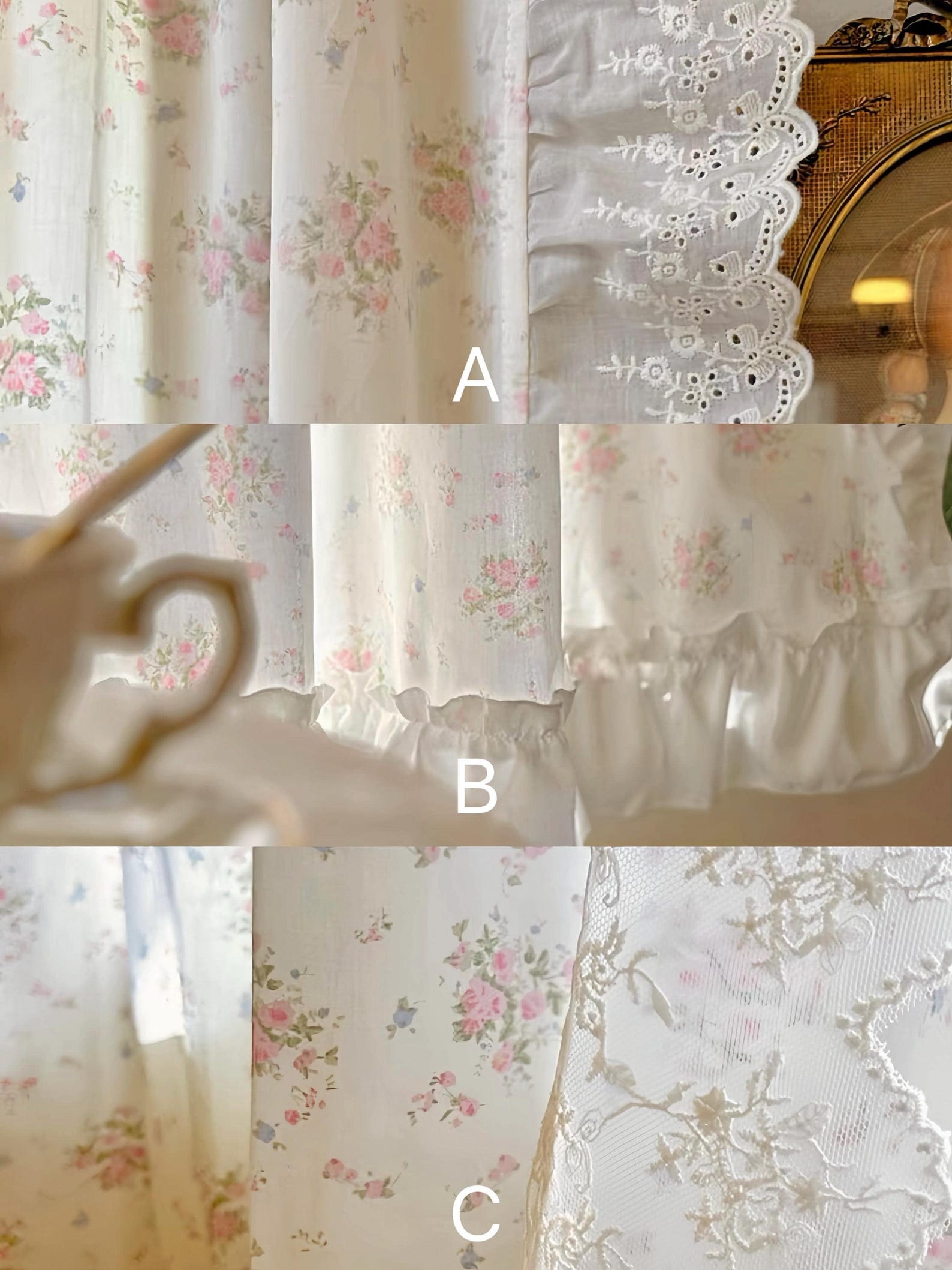 Floral Printed Ivory Coquette Ruffle Lace Rod Pocket Curtain, Ivory ...