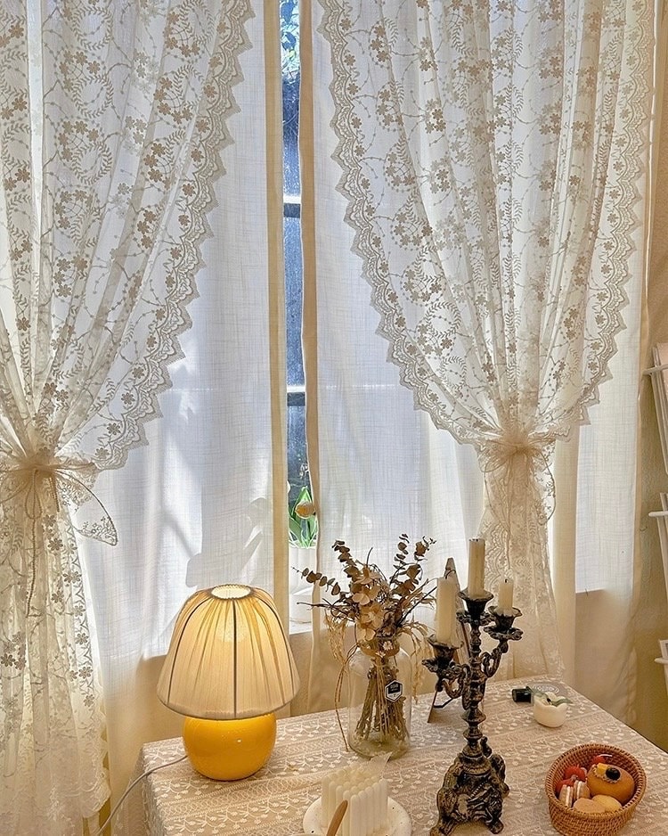 Double-layered Lace Cotton Curtain, Ruffle One Panel Curtain for Living ...