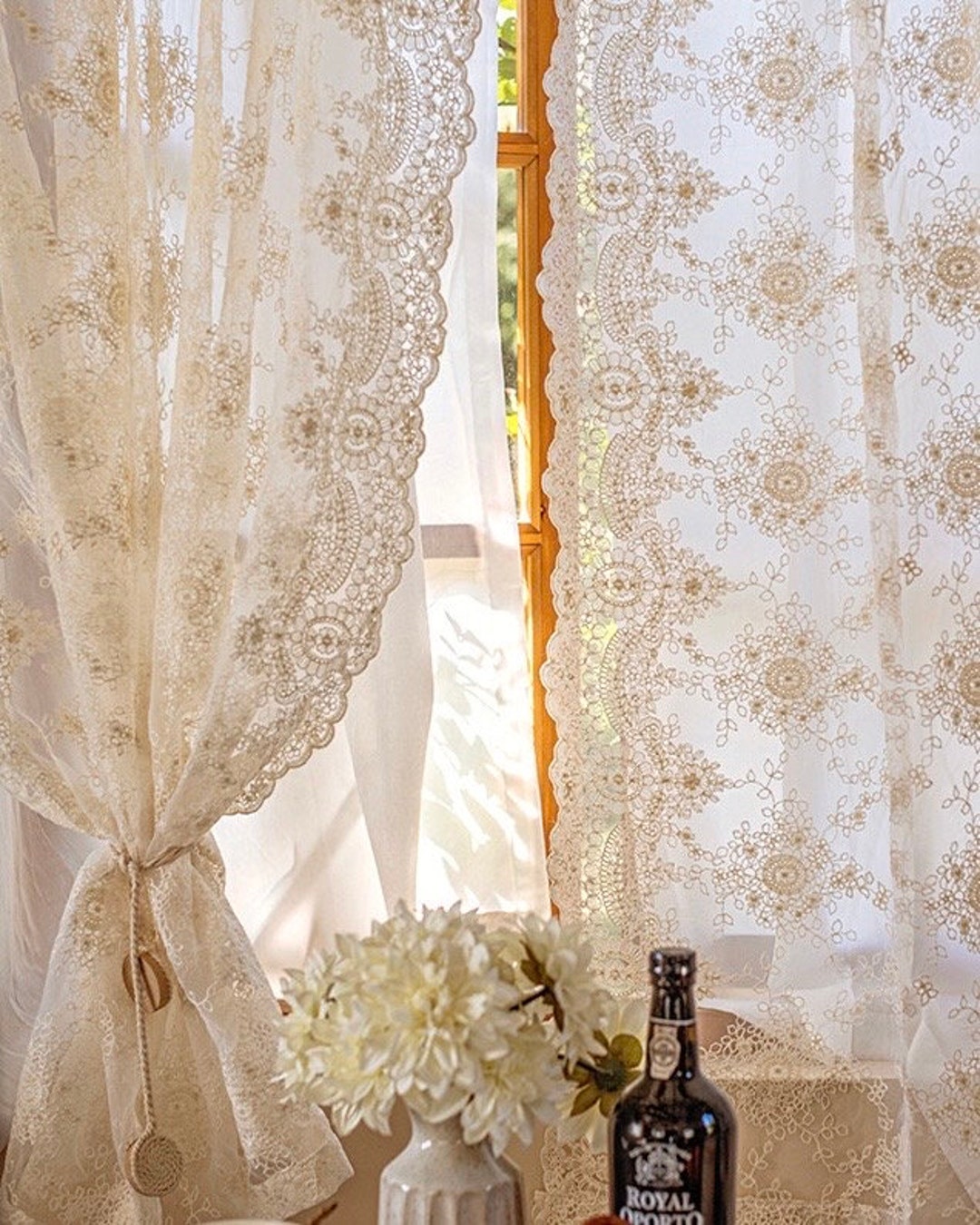 Cream Lace Curtain, Double Layered Lace Curtain for Cafe, Living Room ...