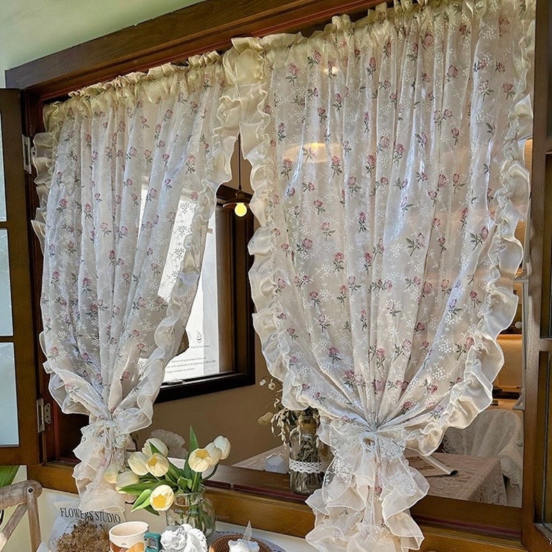 Rose Floral Printed Sheer Curtain, Ruffle Lace Rose Window Decor ...