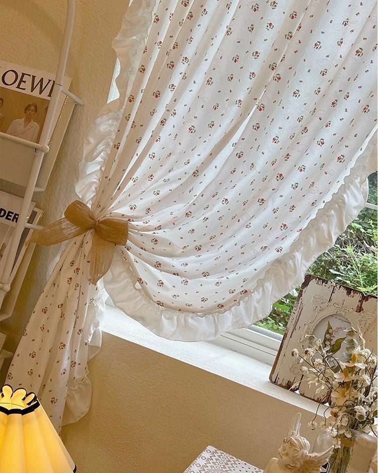 Ruffle Floral Printed Cotton Curtain, One Panel Ruffle Flower Coquette ...