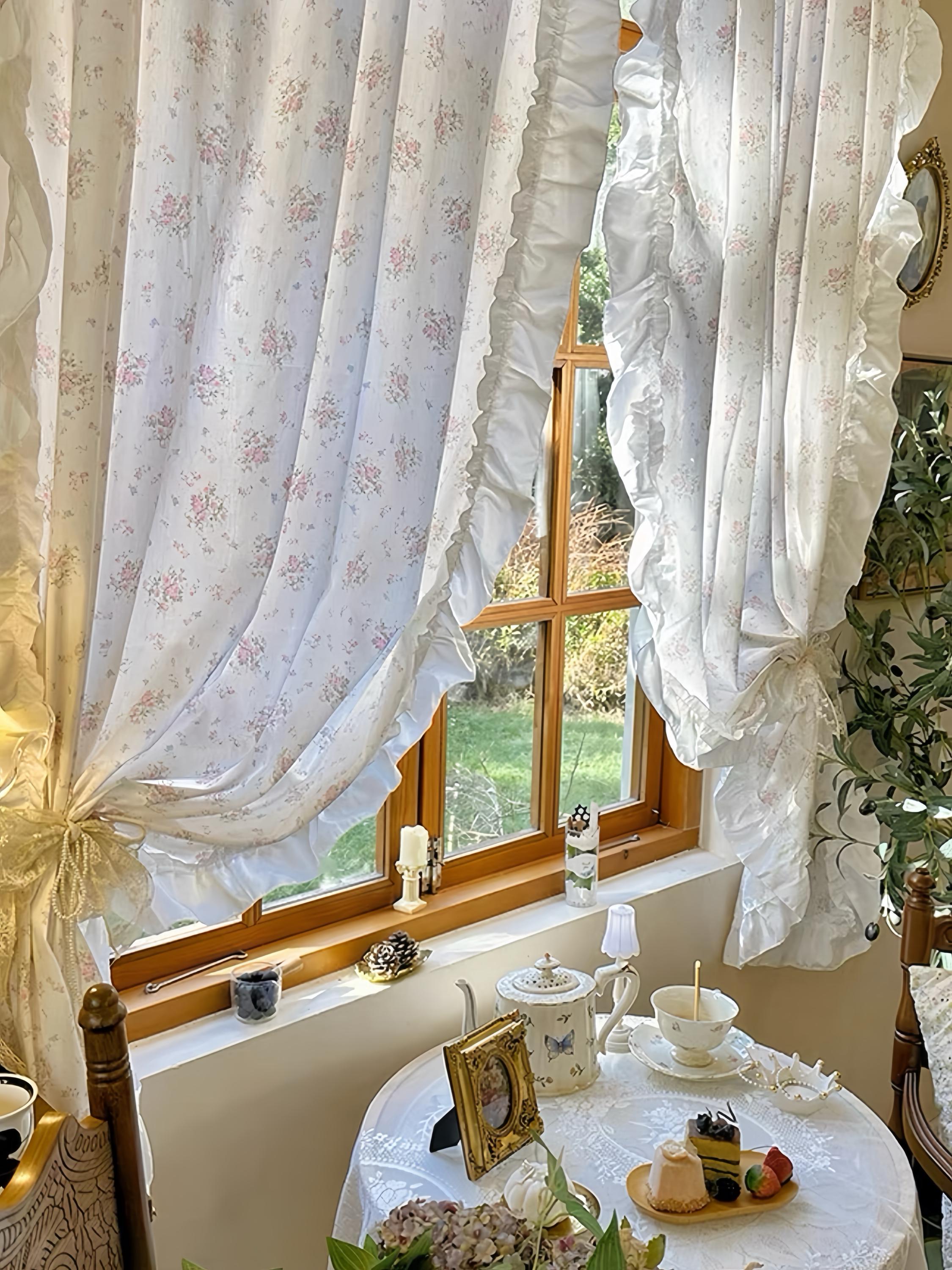 Floral Printed Ivory Coquette Ruffle Lace Rod Pocket Curtain, Ivory ...