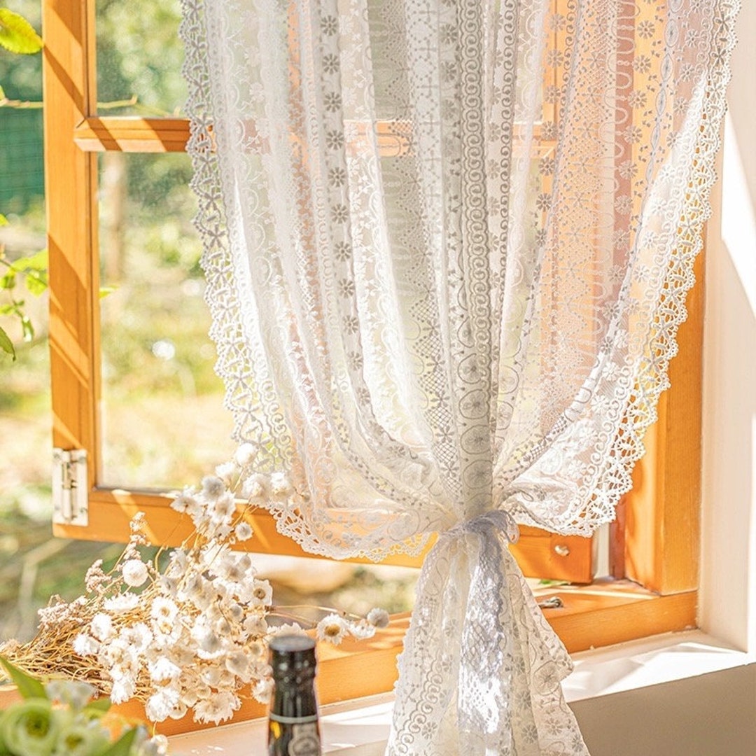 White Lace Curtain, Lace Window Decor Curtain for Cafe, Kitchen, Living ...