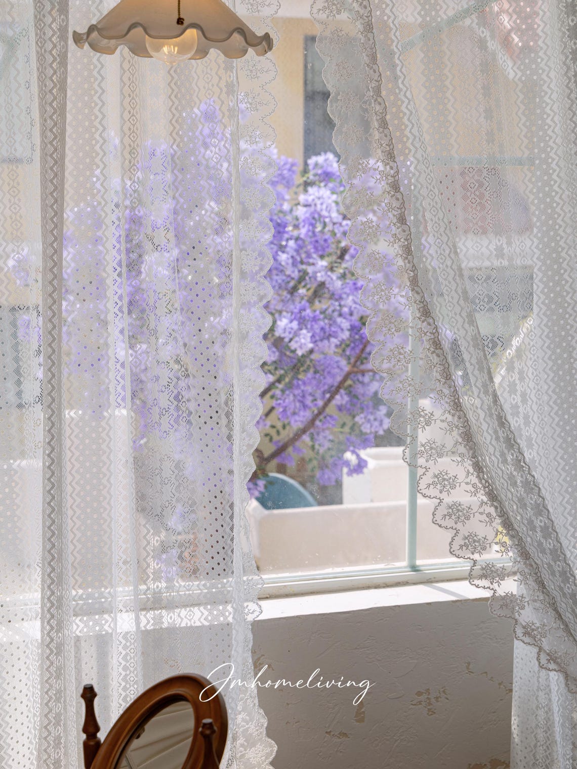 White Lace Curtain, Ruffle French Style Lace Window Decor Curtain One ...