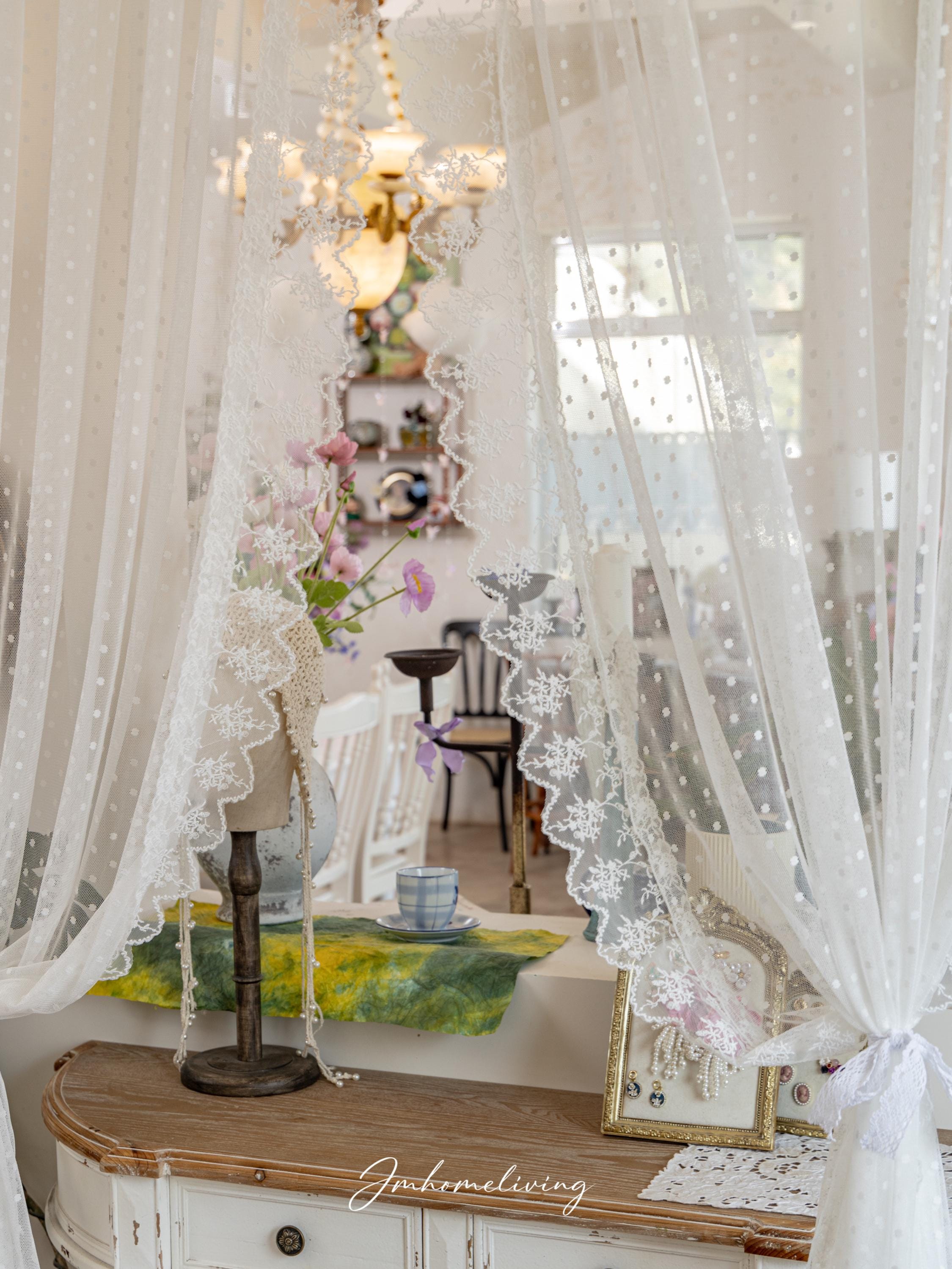 White Lace Curtain, Ruffle French Style Lace Window Decor Curtain One ...