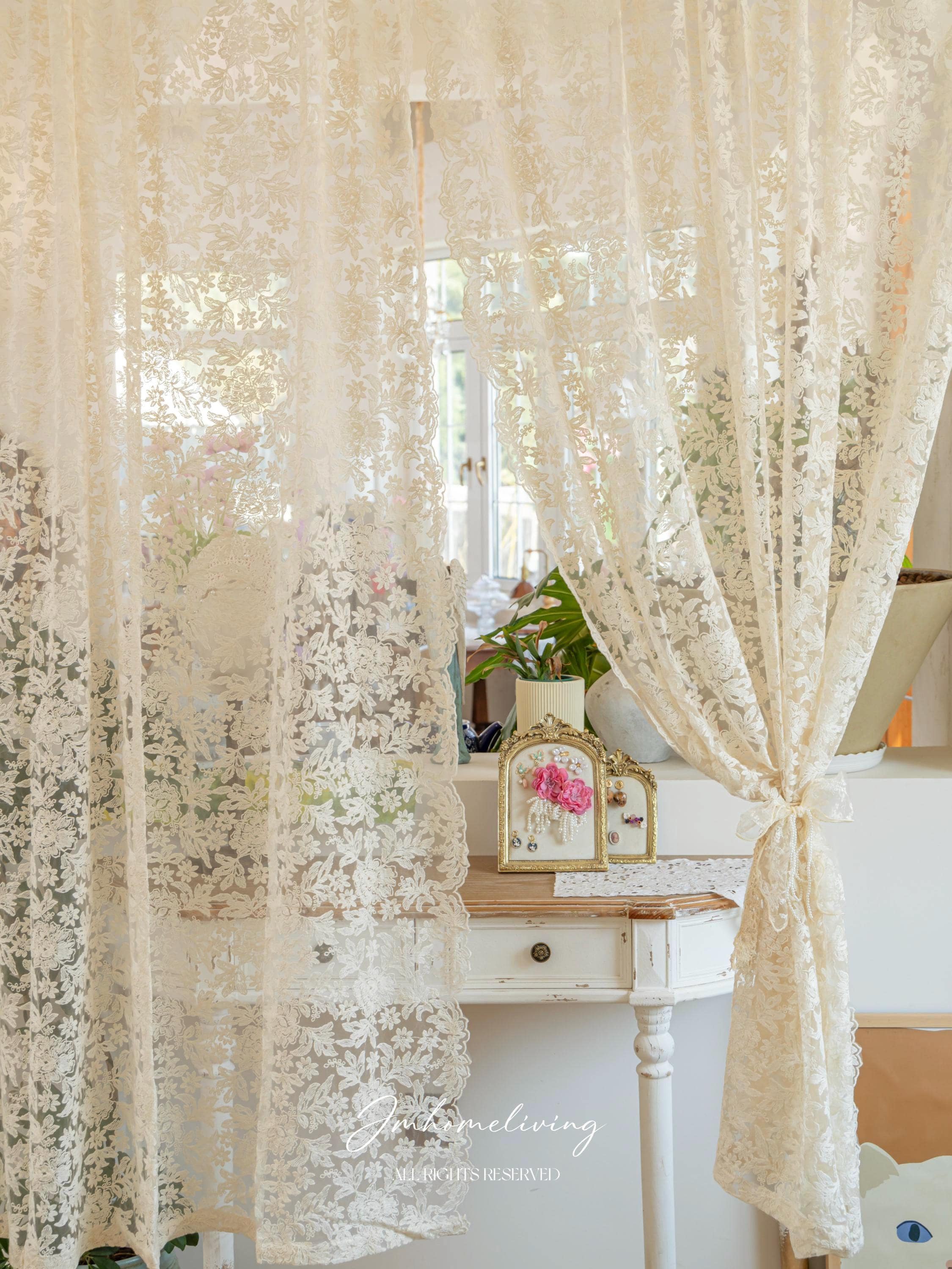 Lace Embroidered Gauze Sheer Curtain, Cream Ruffle French Country Style ...