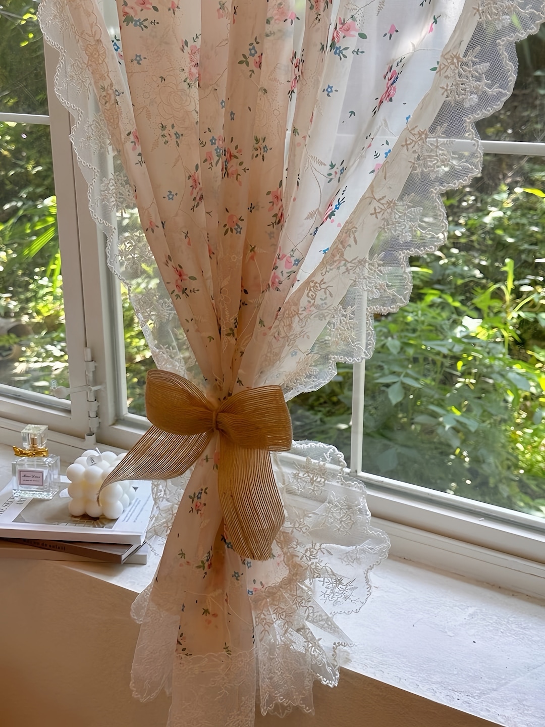 Floral Lace Sheer Curtain, Lace Ruffle Window Coquette Decor Curtain ...