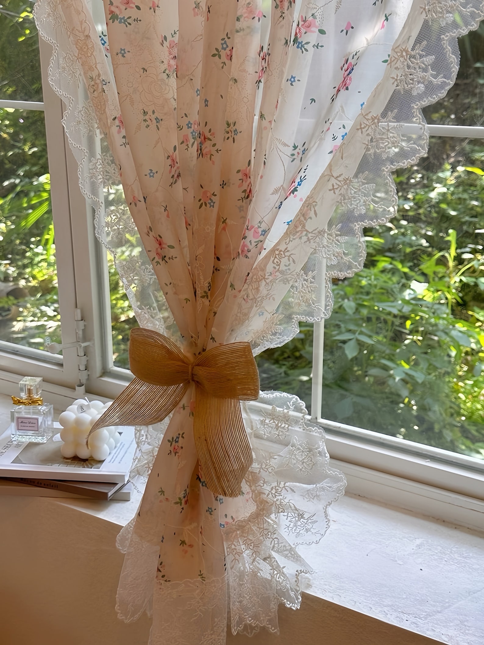 Floral Lace Sheer Curtain, Lace Ruffle Window Coquette Decor Curtain ...