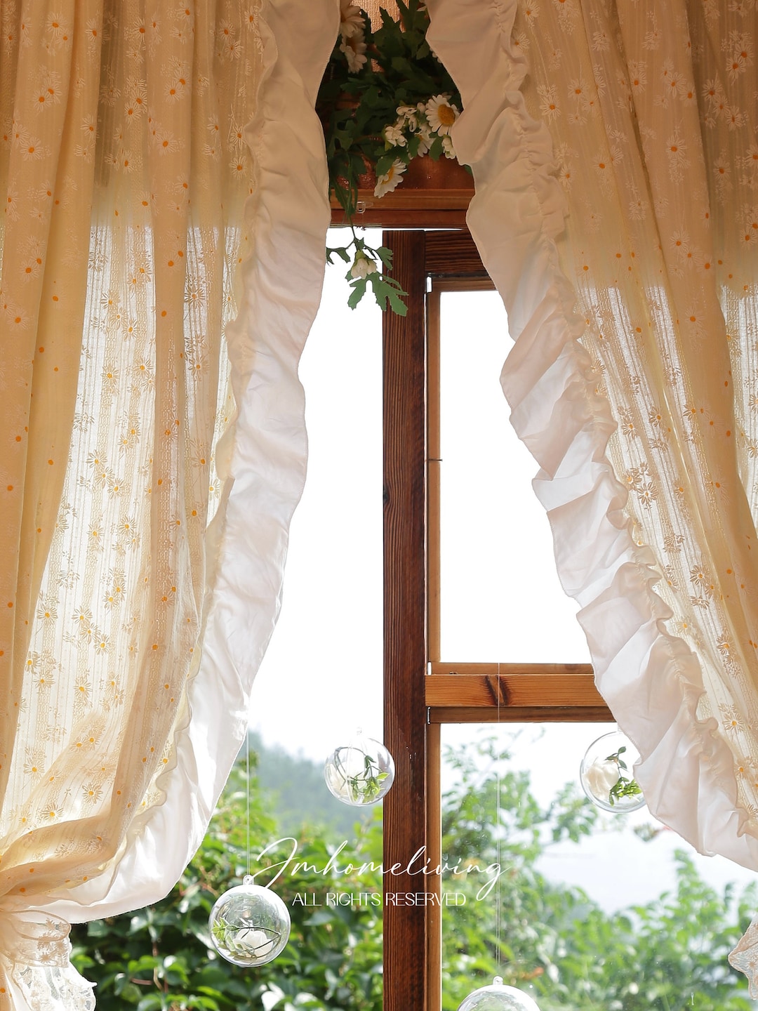 Daisy Floral Print Cotton Curtain, Yellow Ruffle Window Decor Curtain ...