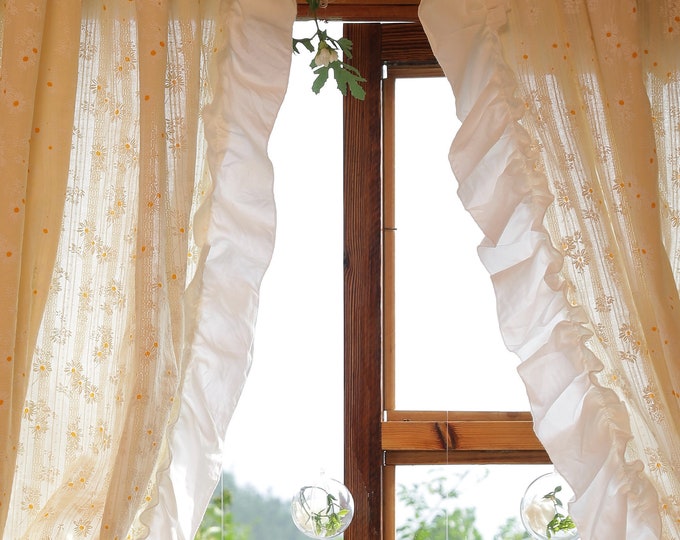 Floral Printed Lace Cotton Curtain, Coquette Ruffle Lace Flower Window ...