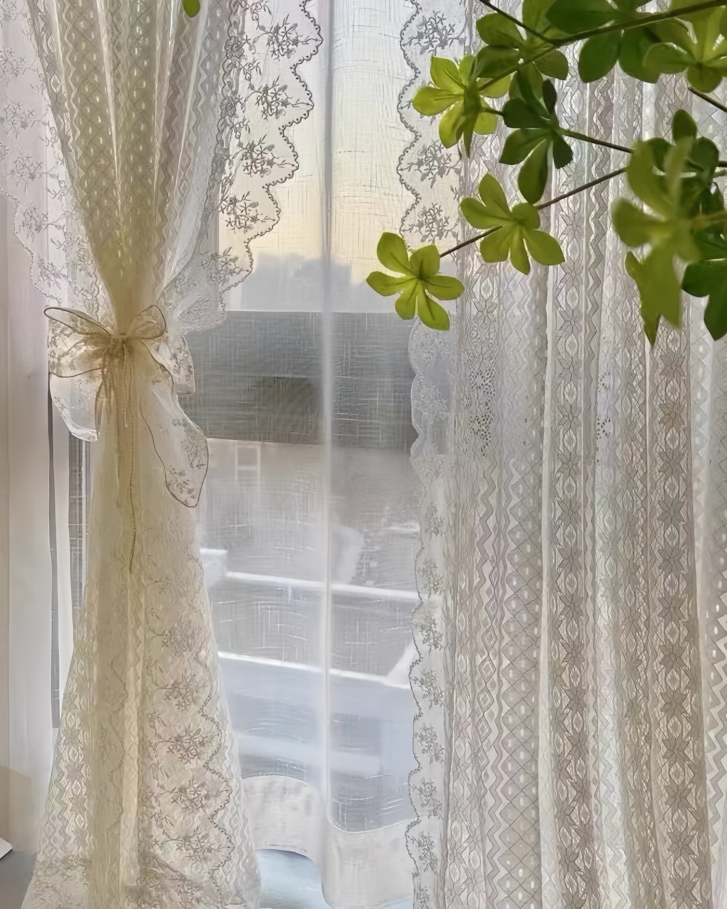 White Lace Curtain, Ruffle French Style Lace Window Decor Curtain One ...
